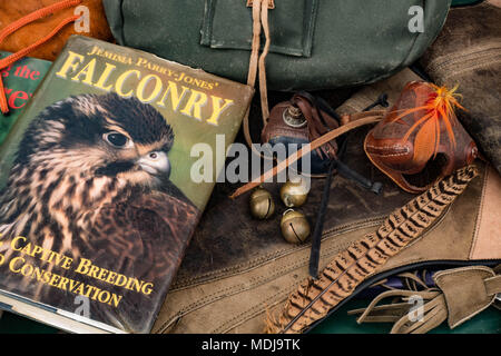 Collection of falconry items displayed on table. Wales Stock Photo - Alamy