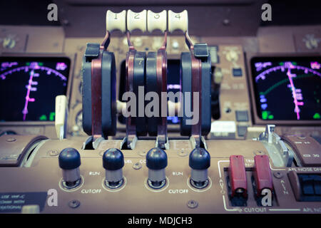 Screens in an airplane cockpit - the control panel for directions, fuel ...