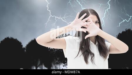 Lightning strikes and scared afraid woman Stock Photo - Alamy