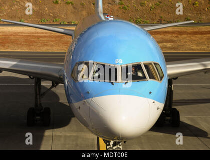 A close up Nose of the Boeing 757 with Pilots at the controls at Stock ...