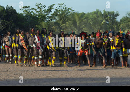 traditional dance by Xingu indians in the Amazone, Brazil Stock Photo ...