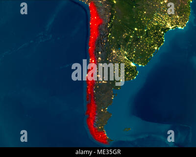 Satellite view of Chile highlighted in red on planet Earth at night ...
