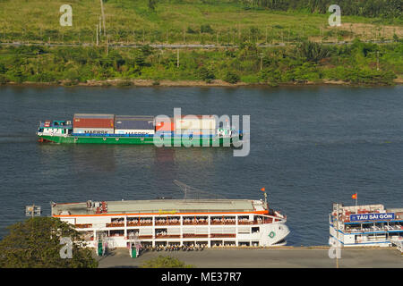 Barge carrying shipping containers on the Saigon River boats, Ho Chi ...