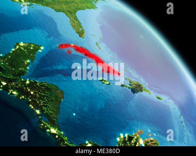 Satellite view of Cuba highlighted in red on planet Earth at night with ...
