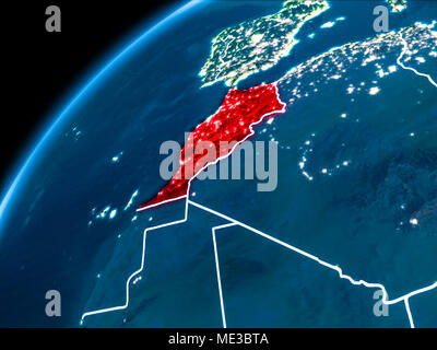 Morocco in red with visible country borders and city lights from space ...