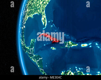 Satellite night view of Cuba highlighted in red on planet Earth with ...