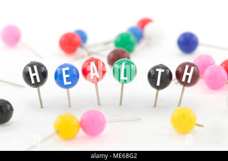 Health, colorful paper pins with conceptual words. Isolated on white ...