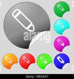 Pen icon sign. Set of eight multi colored round buttons, stickers ...