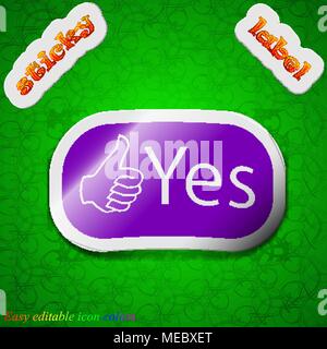 Yes icon sign. Symbol chic colored sticky label on green background ...