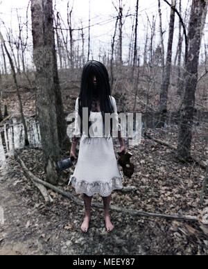 Forest of the darkness,3d illustration of ghost girl in white dress in ...