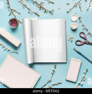 Spring office workplace, blogging flat lay background. White laptop ...