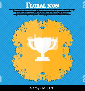 Trophy Cup icon. Floral flat design on a blue abstract background with ...