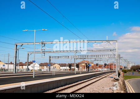 View of new platforms and overhead gantrys at Blackpool North Statiopn ...