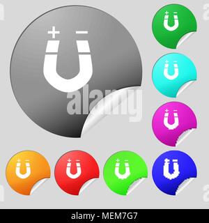 Magnet icon sign. Set of eight multi colored round buttons, stickers ...