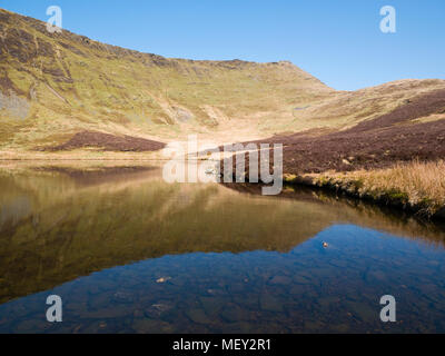 The summit of Cadair Berwyn towering over the upland lake of Llyn ...