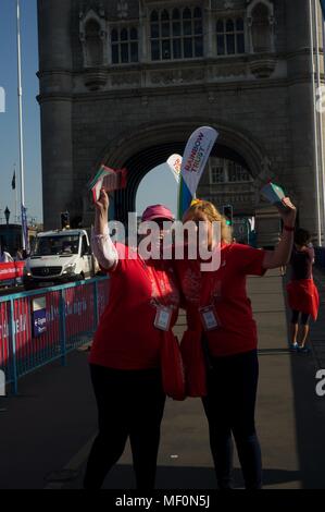 Supporters of the london 2018 marathon lining tower bridge Stock Photo ...