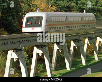 (dpa) - The Transrapid 08 maglev train travels along the test track in ...