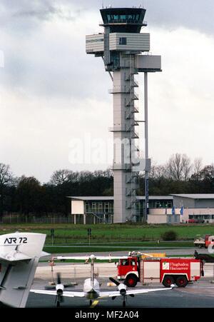 The air traffic control tower at Hannover airport, Germany. It is ...