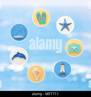 nautical collage with sea life style objects over blue and white wooden ...