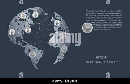 World blockchain technology. Banner with the image of the planet, silver bitcoins, users ...