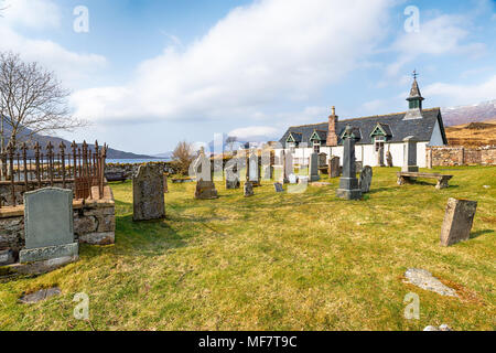 The old church of Old Kirk at Inchnadamph on the shores of Loch Assynt ...