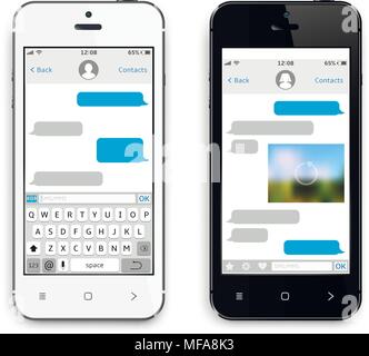 Smart phones with sms chat on screens. Horizontal phone positions ...