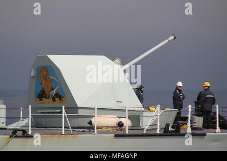 A Bofors 57mm Mk.1 naval gun, the main weapon on FNS Uusimaa (05), a ...