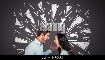 Couple arguing and fighting with triangle doodles on grey background ...
