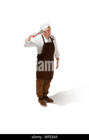 Serious butcher posing with a cleaver isolated on white background ...