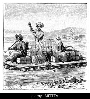 Water transport on the Tigris with a hose raft (Assyrian relief in ...