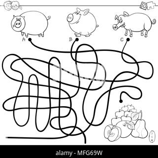 Black and white farm maze for kids with animals and cottage shed ...