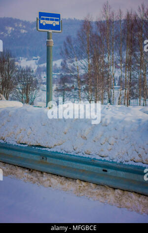 Valdres, Norway - March 26, 2018: Outdoor view of sign of bus stop at ...