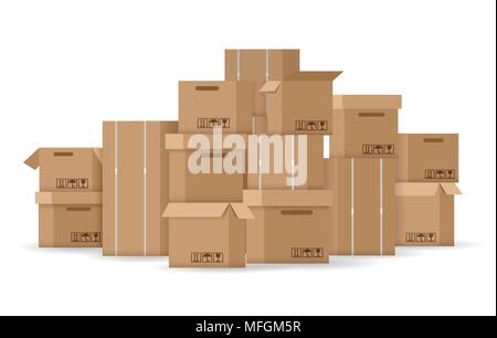 Bunch of cardboard boxes isolated on white background. Packaging design ...