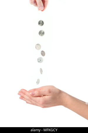 Female hands and falling coins on white background. Coins in palm Stock ...