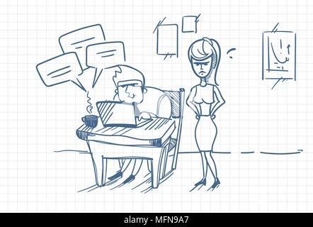 Woman Standing Office Desk Using Laptop With Speech Bubble Beside Plant ...