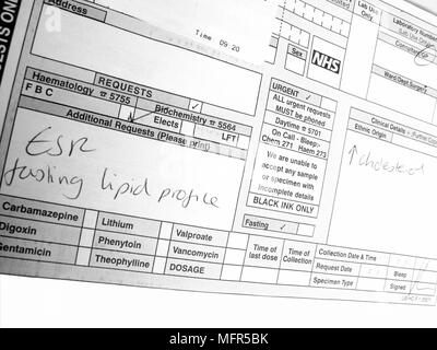 Blood test information on a Haematology & Biochemistry request form ...
