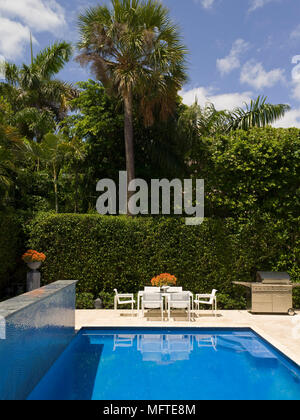outdoor furniture for a terrace next to a pool with water, sofas with ...