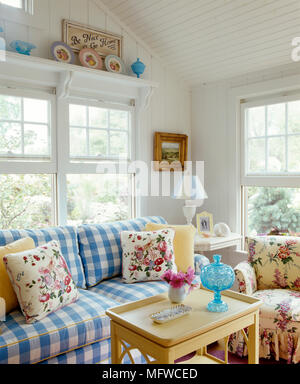 Blue and white checkered sofa store