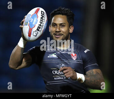 St Helens' Ben Barba celebrates after scoring a try during the Betfred ...