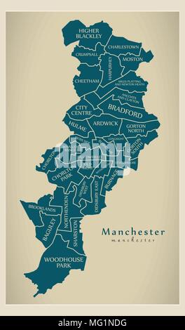 Modern City Map - Manchester city of England with wards UK Stock Vector ...