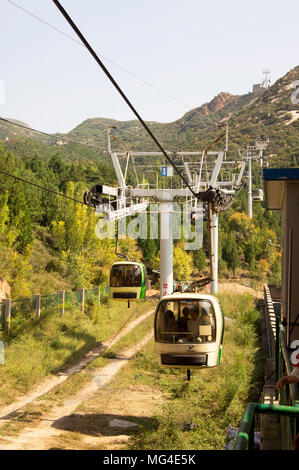 Cable cars transporting visitors to the Great Wall of China at Badaling ...