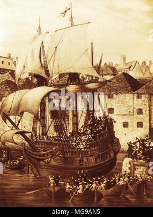 Pilgrim Fathers on their way to church. Pilgrim Fathers, the Puritans ...