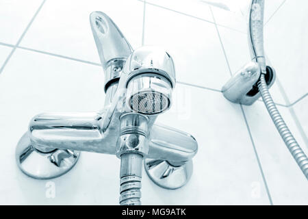Detail of shower mixer faucet. Bath mixer tap close up. Shower panel ...