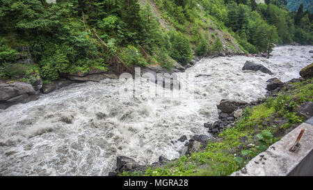 Wild river stream among cliffs and rocks, Enguri, autumn time in Mestia ...