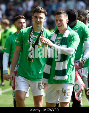 Celtic's Kieran Tierney and Callum McGregor (right) during a training ...