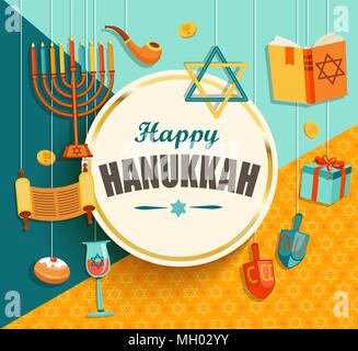 Jewish holiday Hanukkah greeting card traditional Chanukah symbols ...