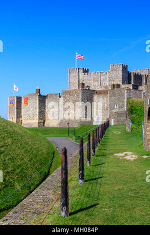 Dover castle, England. Inner bastion walls and towers with the Great ...