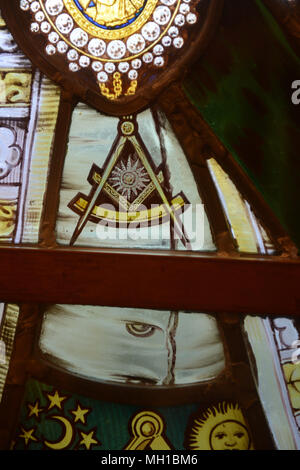 Stained glass with masonic symbols Stock Photo - Alamy