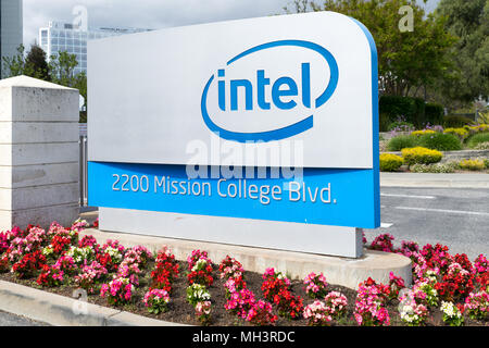 Intel sign and logo at Silicon Valley campus. Intel Corporation is an ...