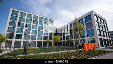 16 April 2018, Germany, Stuttgart: The 'Lapp' logo outside a building ...